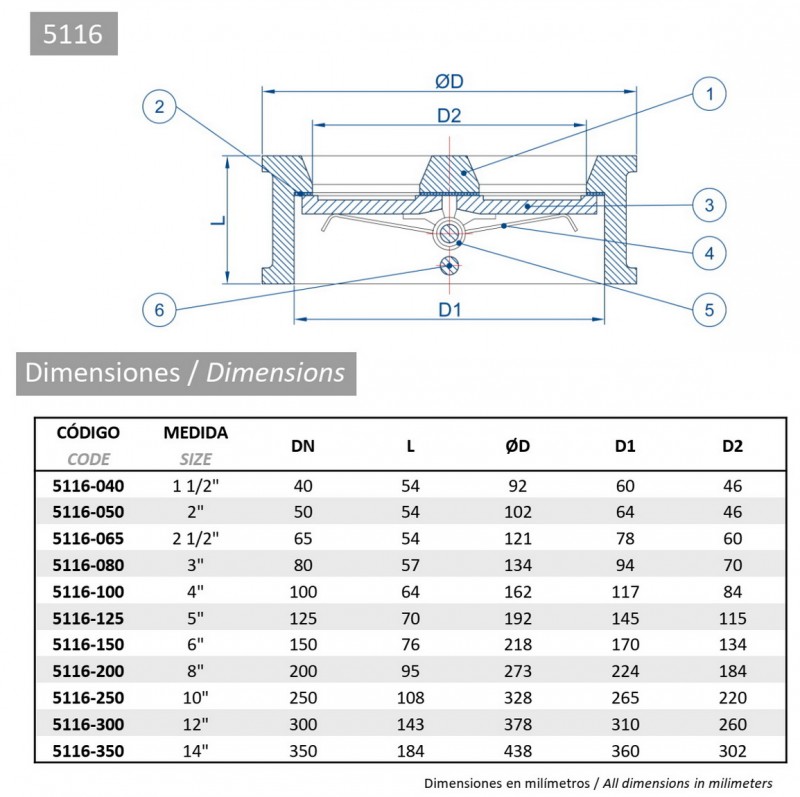 Robinet retinere dublu clapet fonta wafer MT Spain MT5116 PN16 - DN 150 ...